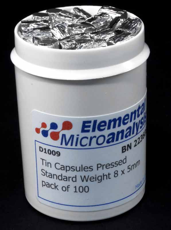 Tin Capsules Pressed Standard Weight 8 x 5mm pack of 100 | Elemental Microanalysis